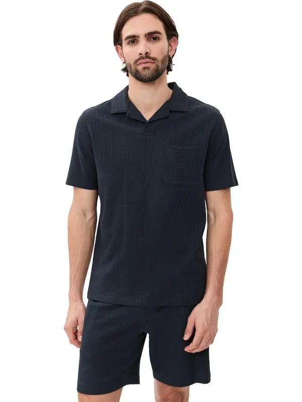 Vince Seersucker Knit Short Sleeve Johnny Collar - Coastal