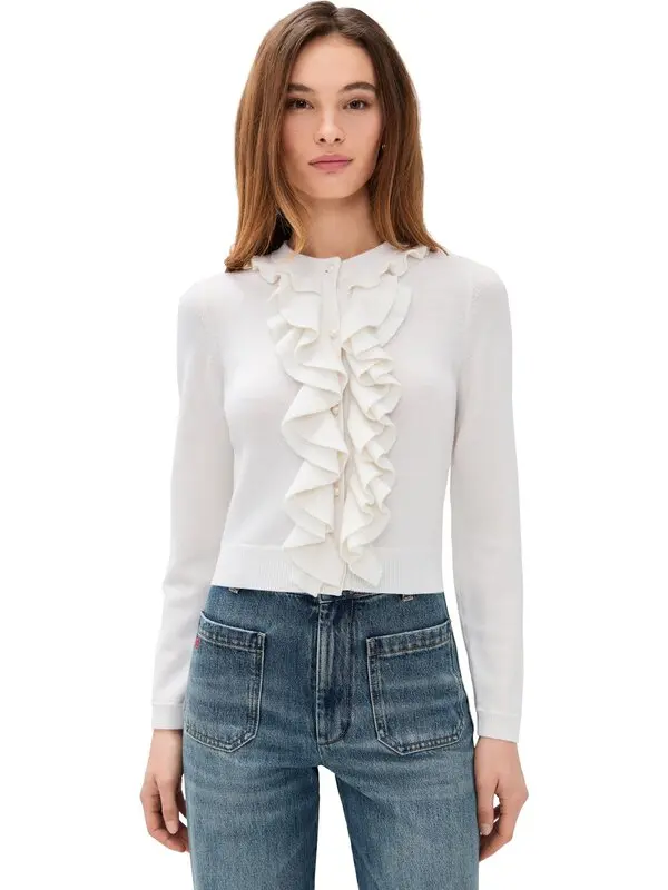 Alice + Olivia Dollie Ruffle Trim Cardigan - Soft White