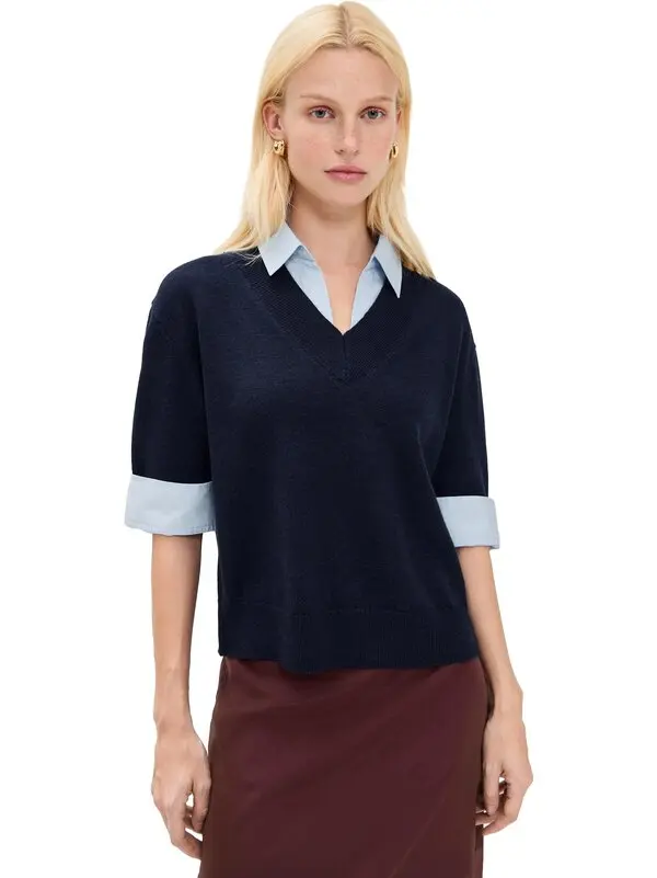 Tanya Taylor Esme Sweater Combo Top - Maritime Blue Melange/oxford
