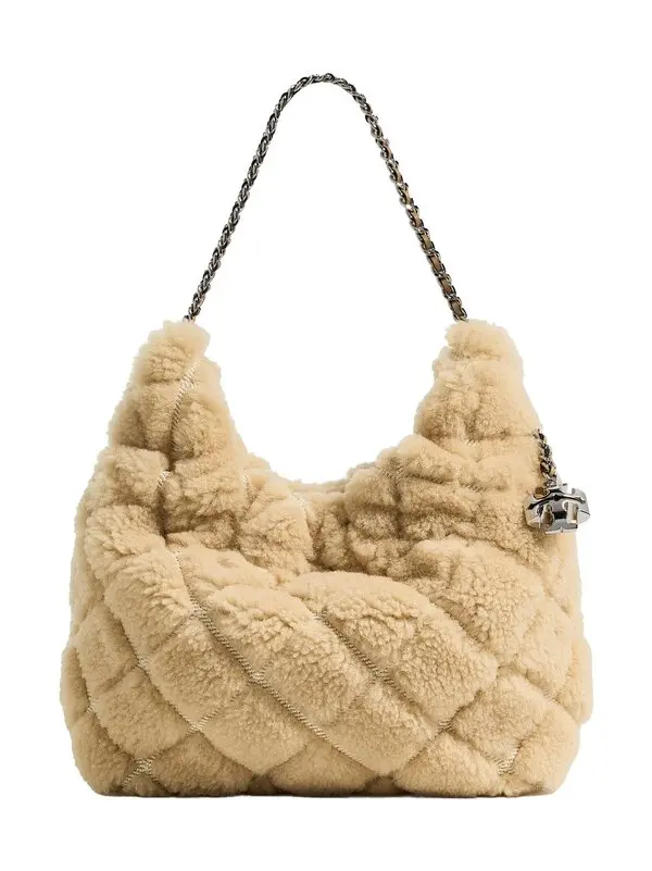 Tory Burch Fleming Shearling Mini Hobo Bag - Potato/oak Tree