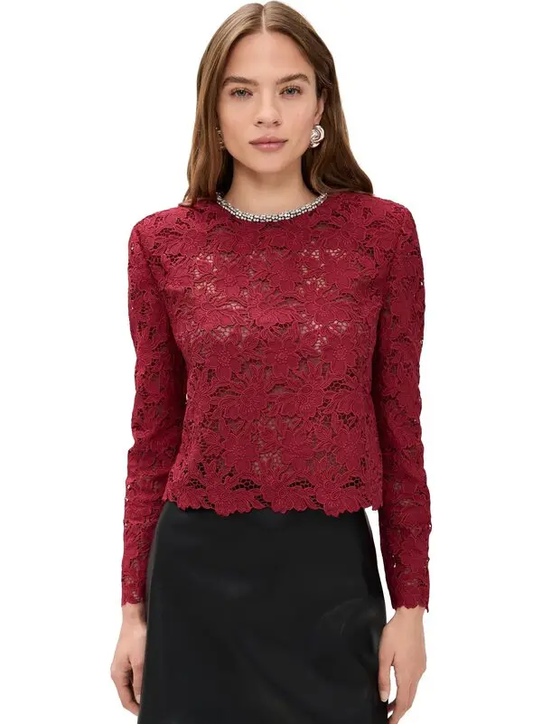 SELF-PORTRAIT Lace Top With Crystal Trim - Burgundy