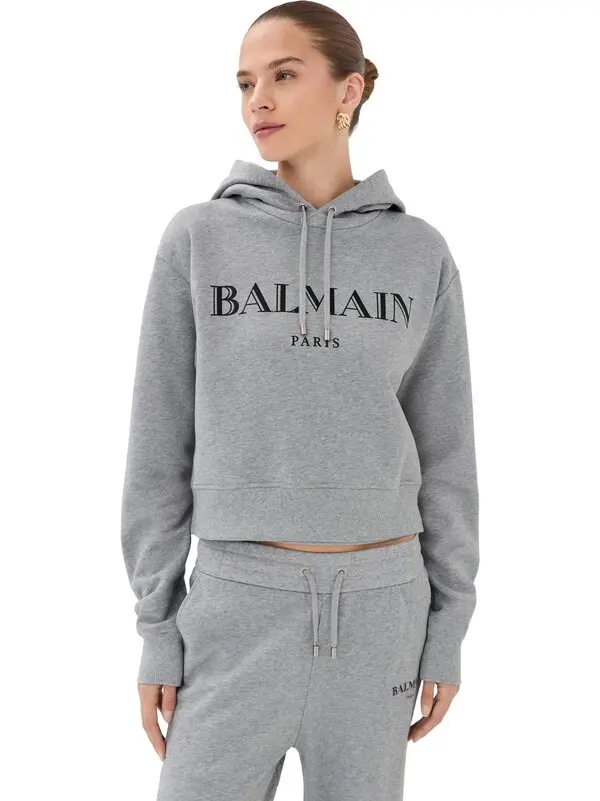 Balmain Logo Print Hoodie - Gris Chine/noir