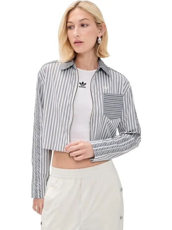 Adidas Stripe Crop Zip-up Shirt - Grey Three/utility Black