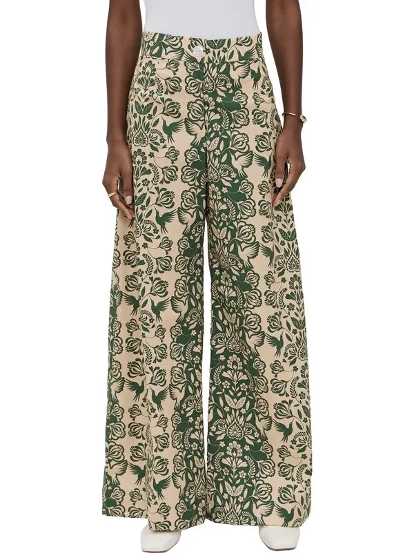 THE LULO PROJECT Printed Wide-leg Pants - Green Folk Paisley