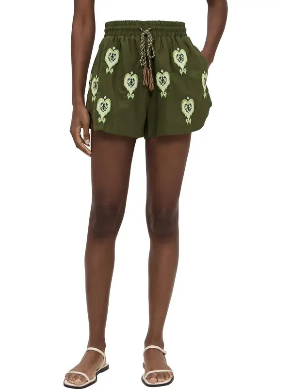 Farm Rio Heart Tapestry Embroidered Shorts - Green