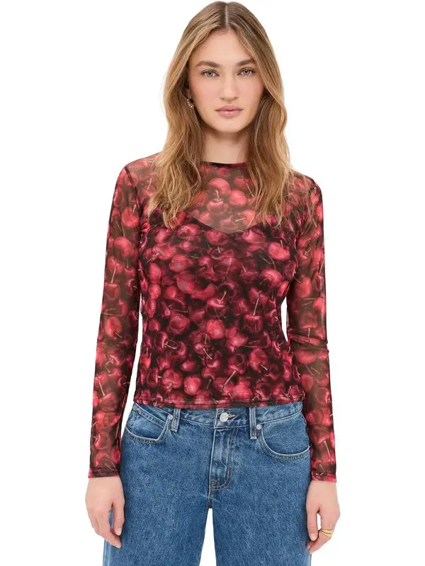 NEVER FULLY DRESSED Cherry Print Mesh Top - Red