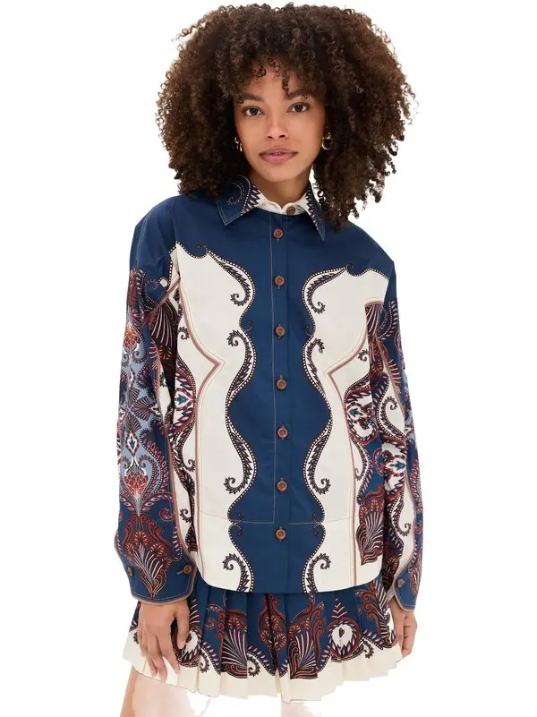 Farm Rio Paisley Print Long Sleeve Shirt - Arabesque Scarf Sand