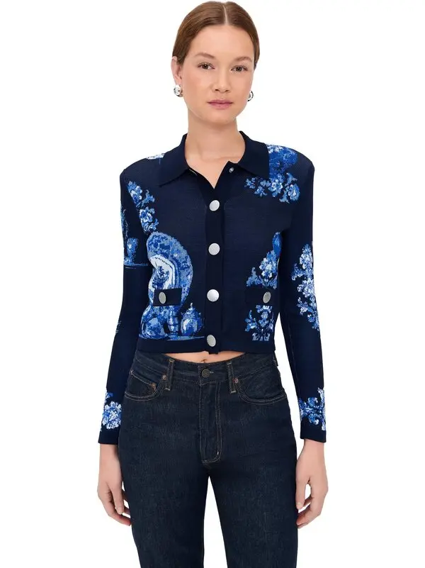L'Agence Osiris Jacquard Collared Cardigan - Black/blue Porcelain