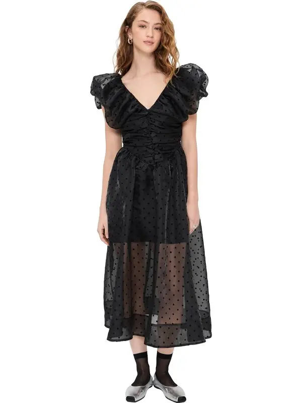 GANNI Flocked Organza Ruched Midi Dress - Black