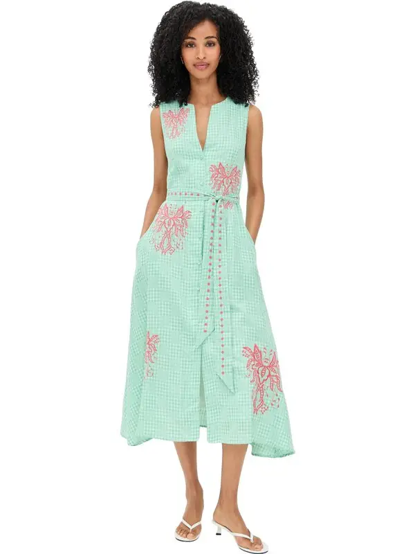 Fanm Mon Lesna Floral-printed Midi Dress - Plaid Green