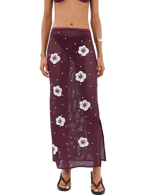 LESLIE AMON Crochet Maxi Skirt With Floral Embellishments - Deep Red/white