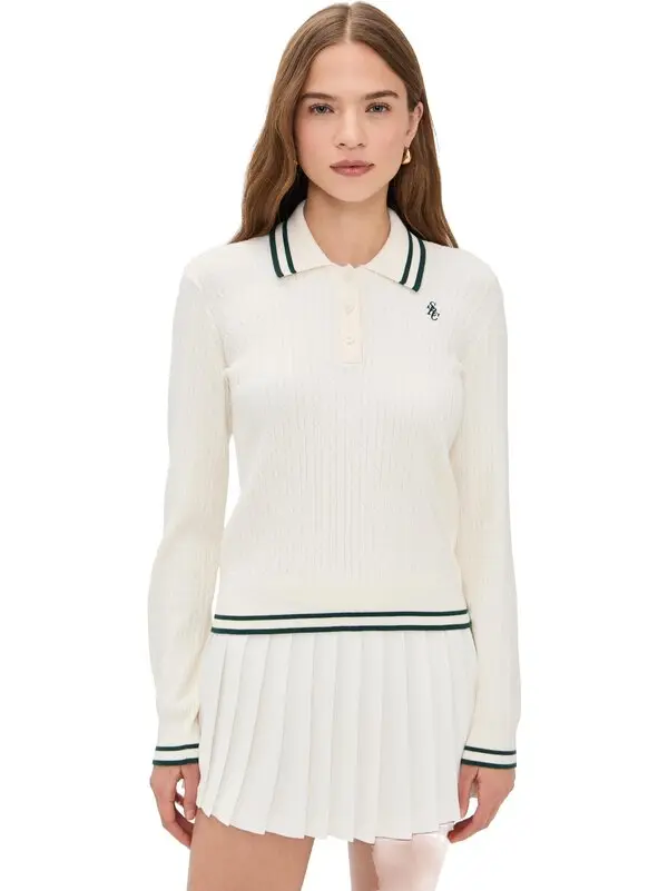 SPORTY & RICH Src Mini Cable Long Sleeve Polo - Ecru/forest