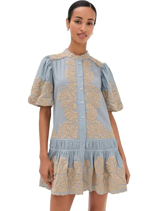 Sea Alexandra Embroidered Bubble Sleeve Tunic Dress - Blue