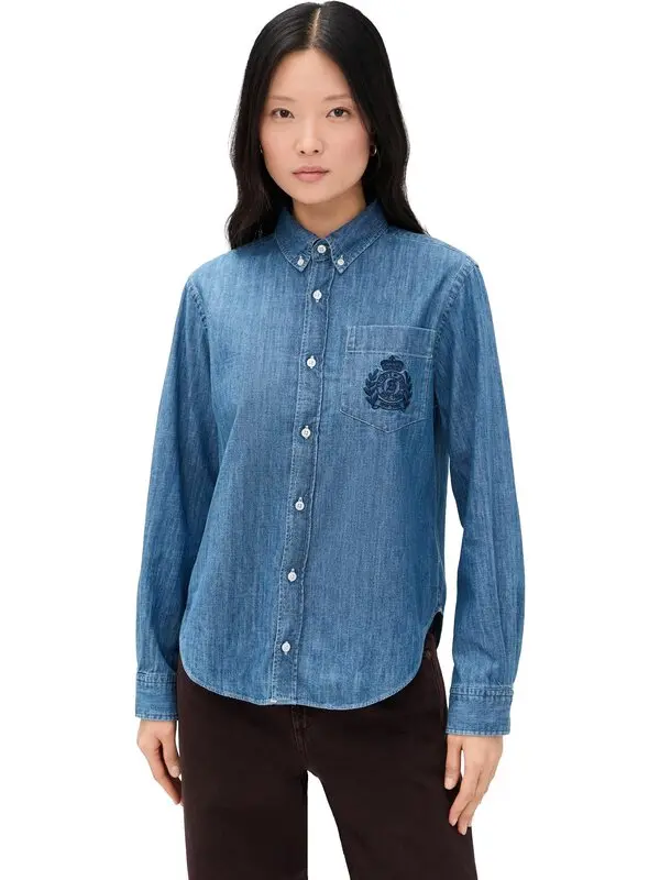 SPORTY & RICH Ny Crest Oversized Denim Shirt - Light Blue