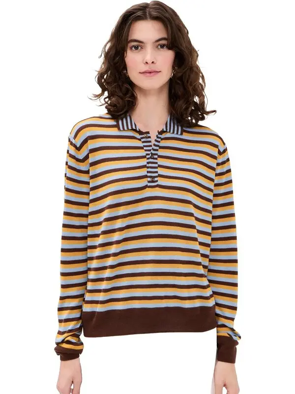 LA LIGNE Multi Stripe Ben Polo Sweater - Chocolate/mustard/light Blue