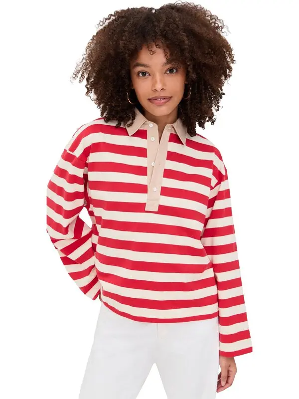 STATE & LAKE Striped Jersey Polo - Red/ivory