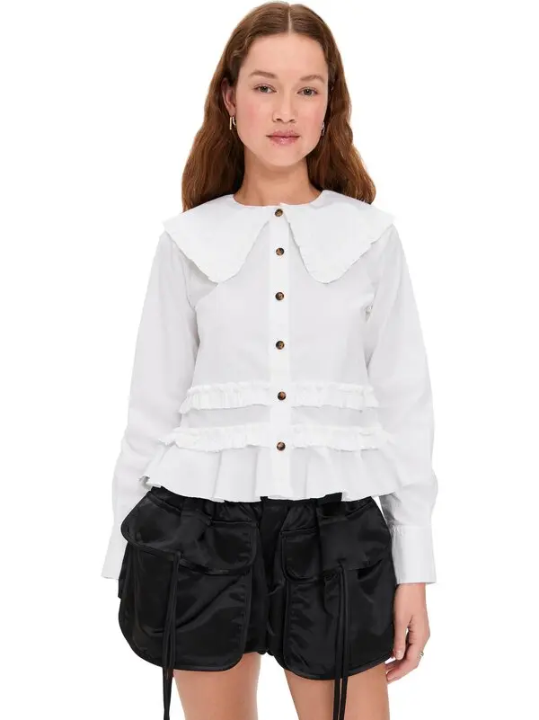 GANNI Stretch Cotton Frill Shirt - Snow White