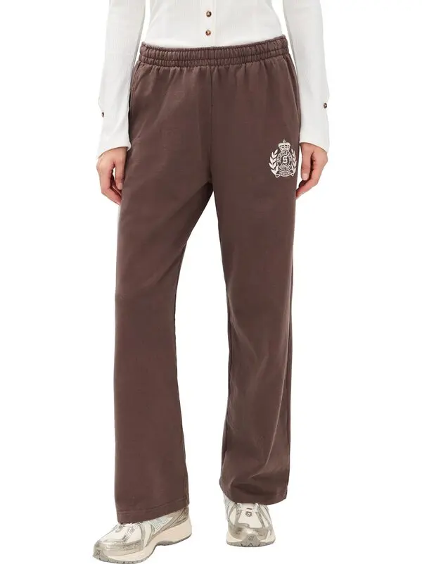 SPORTY & RICH Ny Crest Embroidered Wide Leg Sweatpants - Chocolate