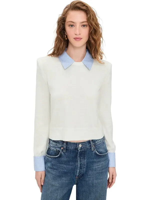 L'Agence April Poplin Collar Pullover - White/blue Stripe