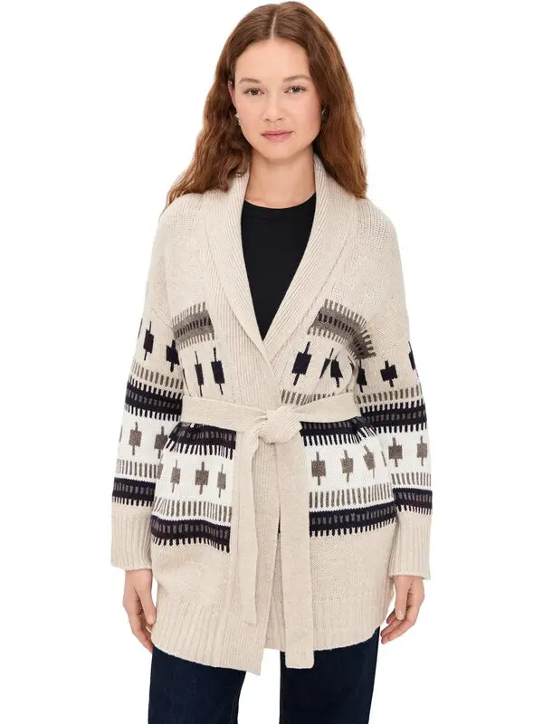 OGD ONE GREY DAY Geometric-patterned Cardigan With Self-belt Closure - Biscuit Combo
