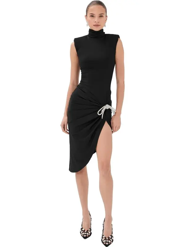 AREA Crystal Knot Draped Midi Dress - Black