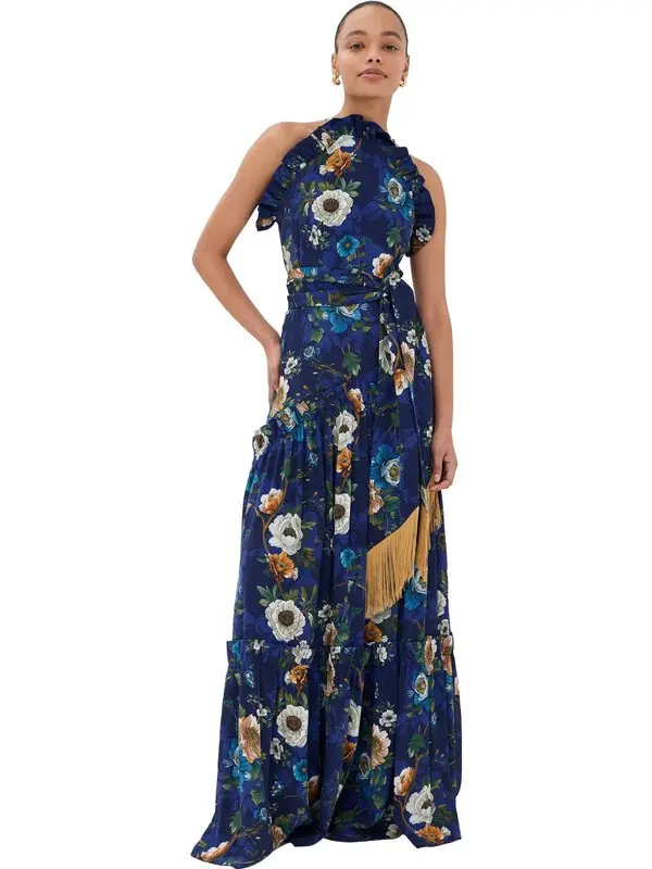 Borgo De Nor Tatiana Floral Print Crepe Satin Maxi Dress - Magical Blossom Navy