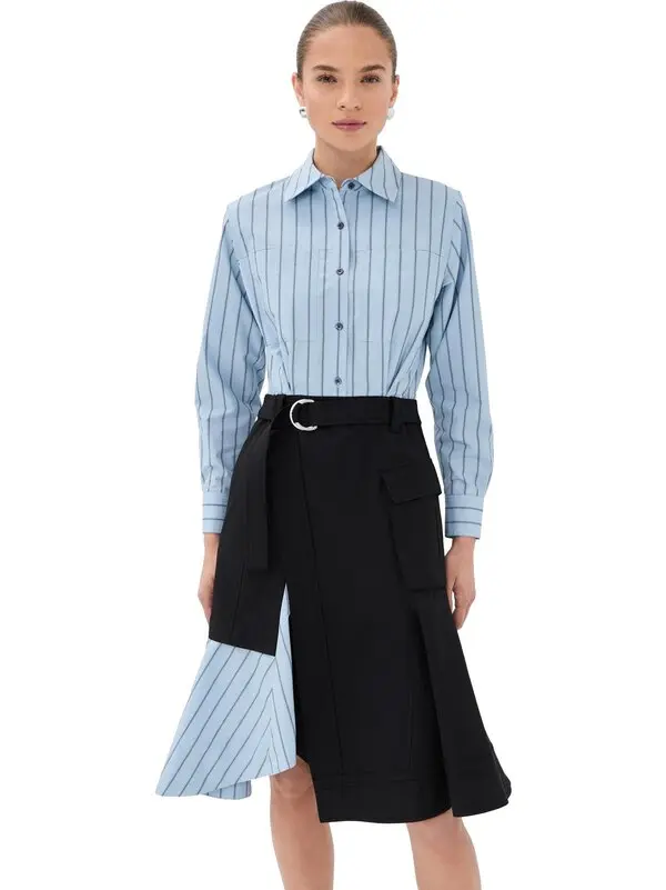 3.1 Phillip Lim Flounce Skirt Long Sleeve Combo Shirt Dress - Black-oxford Blue Multi