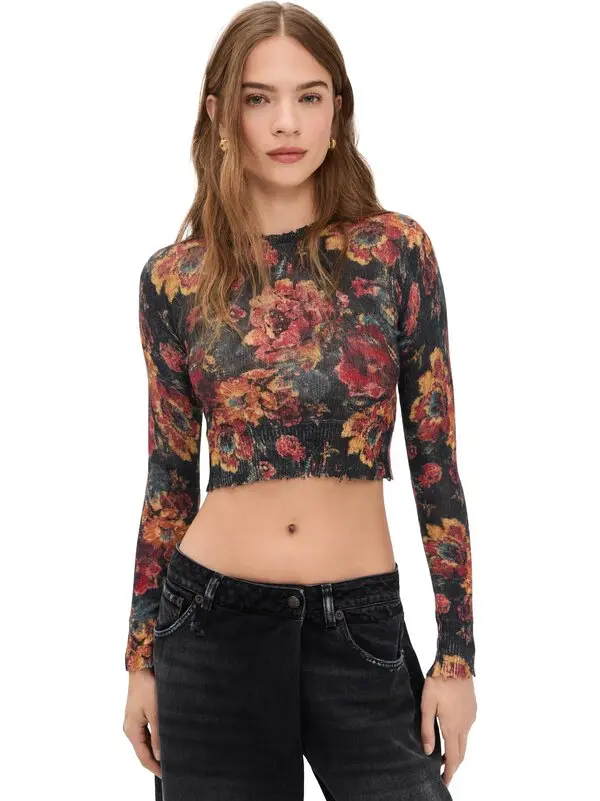 R13 Printed Cashmere Crewneck Top - Multicolor Floral