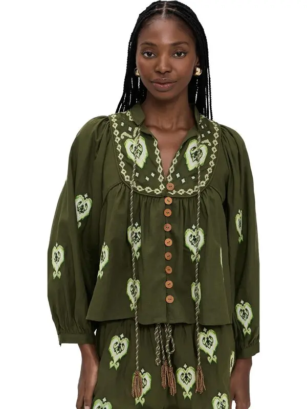Farm Rio Embroidered Blouse - Green