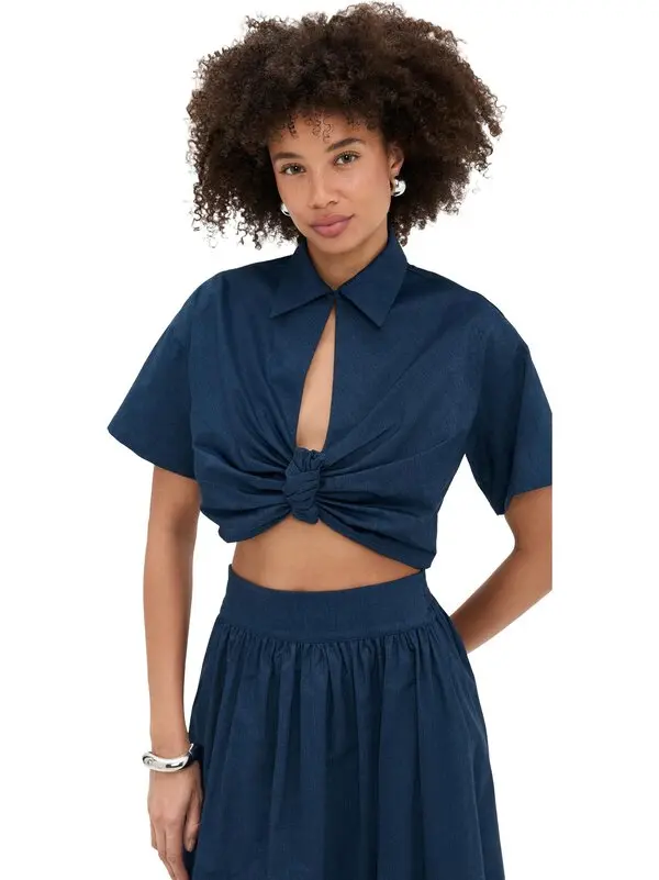 DE LORETA Myriam Collared Blouse - Navy Denim