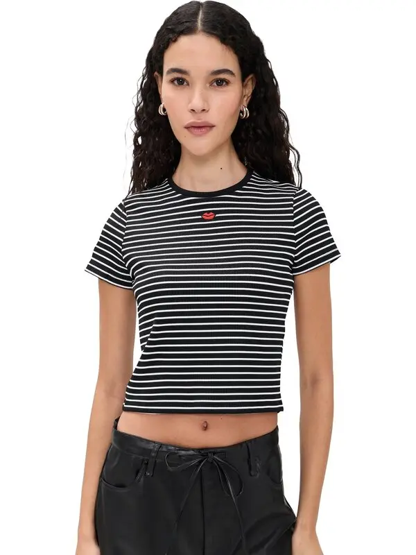 Alice + Olivia Cindy Embroidered Cropped Tee - Black/off White Stripe