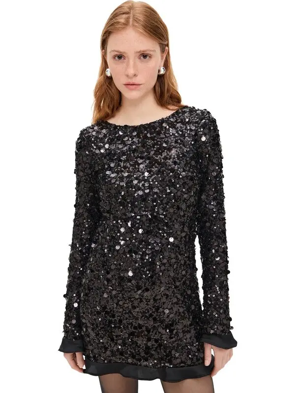 Show Me Your Mumu Maddison Ruffle Mini Dress - Black Metallic Sequins