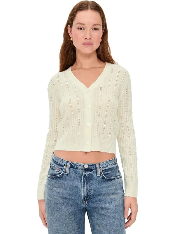 LE JEAN Pearl Embellished Pointelle Knit Cardigan - Ivory