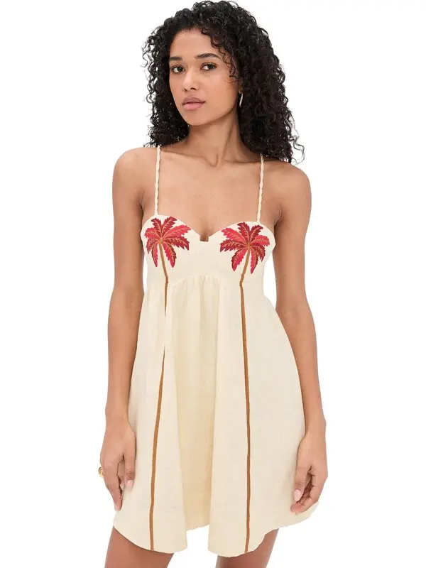 Farm Rio Coconut Tree Embroidered Mini Dress - Sand