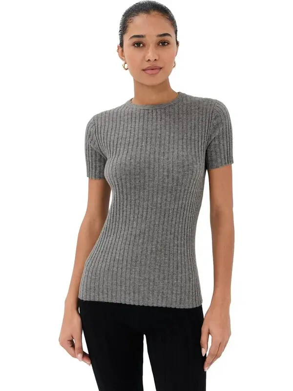 THE ELDER STATESMAN Cashmere Ribbed Knit Tee - Heather Grey