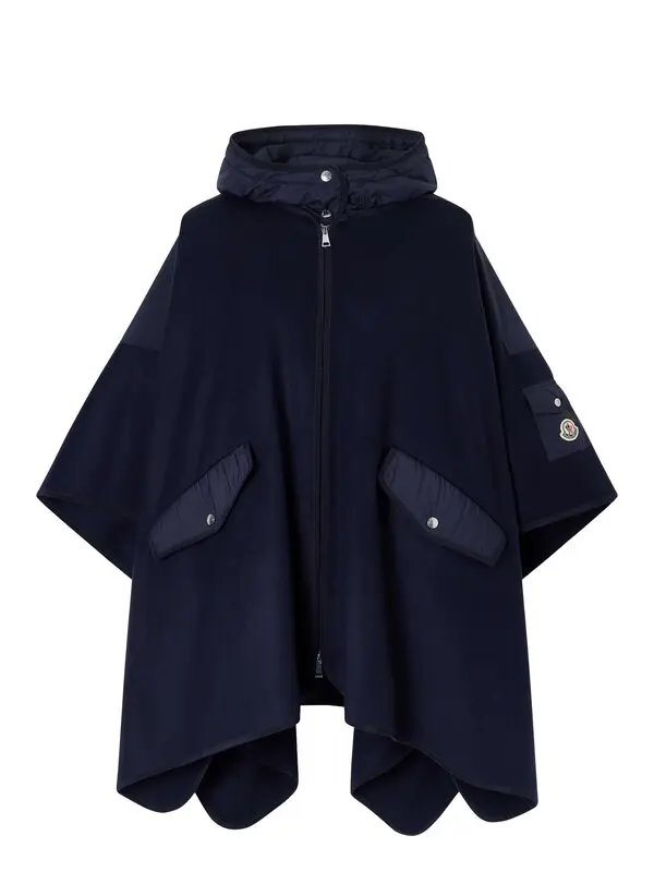 Moncler Hooded Shell-trimmed Wool-blend Cape - Navy