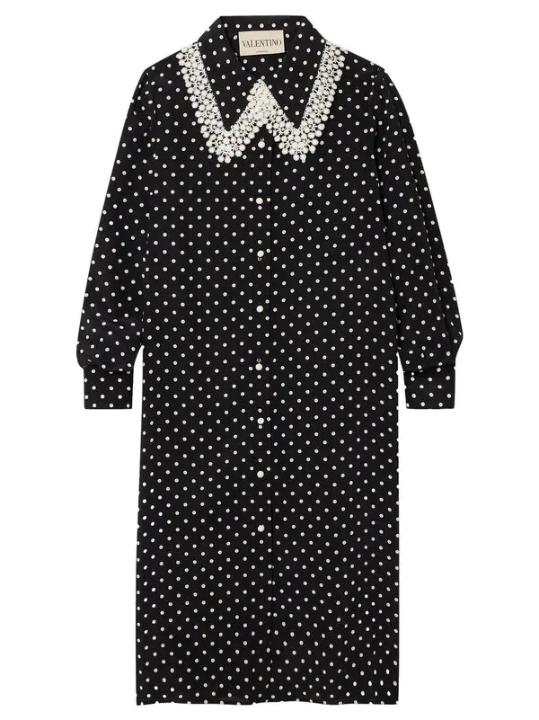 Valentino Garavani Lace-trimmed Polka-dot Printed Silk Crepe De Chine Midi Dress - Black