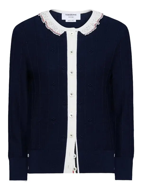 Thom Browne Merino Wool Crewneck Cardigan - Blue