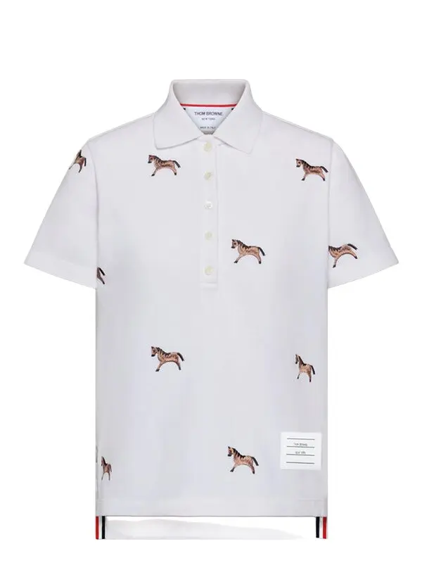 Thom Browne Horse Embroidery Short-sleeve Polo - White