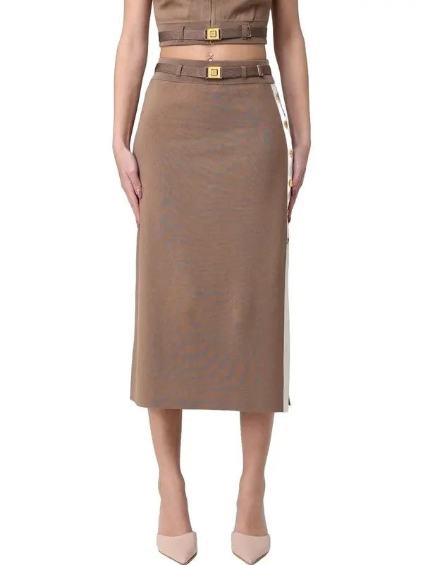 Elisabetta Franchi Midi Skirt With Gold Button Detail - Sand