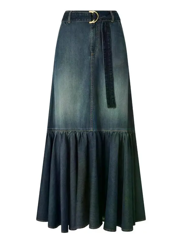 Pinko Long Denim Skirt With Flounce And Belt - Blue