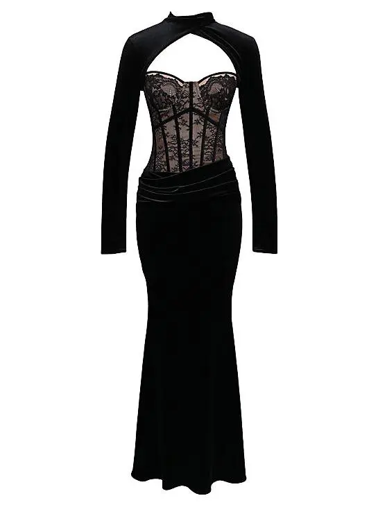House Of Cb Velvet And Lace Maxi Dress With Bolero - Black