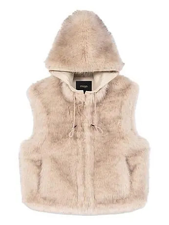 Maje Hooded Faux Fur Gilet - Beige