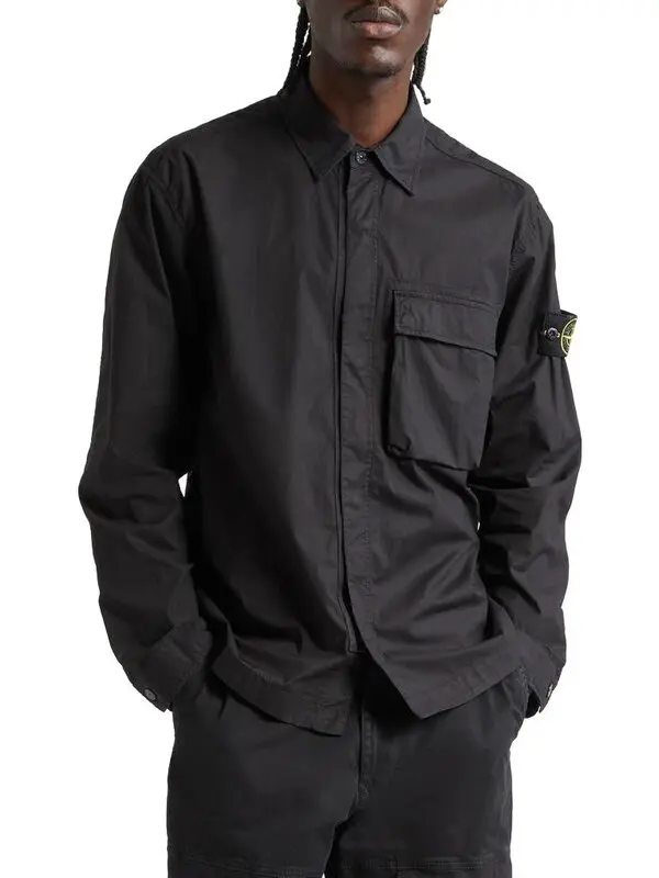 Stone Island Compass Patch Stretch Cotton Canvas Overshirt - Black