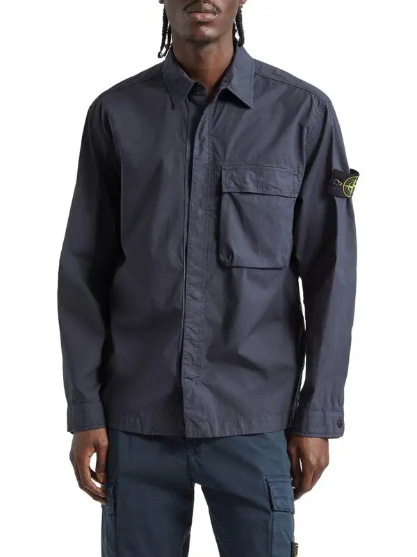 Stone Island Compass Patch Stretch Cotton Canvas Overshirt - Navy Blue