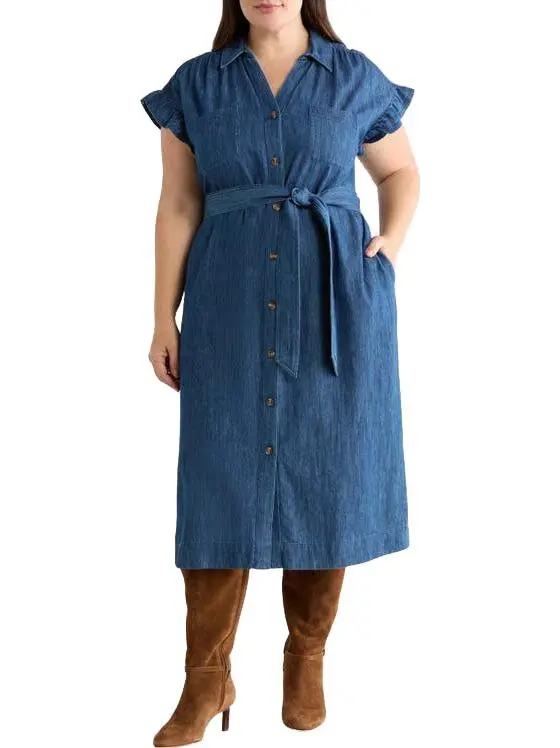 Caslon Flutter Sleeve Tie Waist Denim Midi Dress - Dark Wash