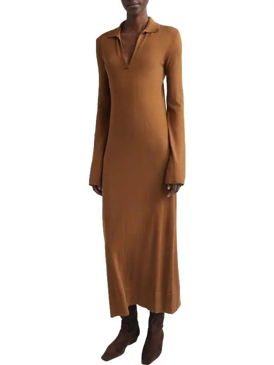 Altuzarra Arp Long Sleeve Cotton & Silk Polo Sweater Dress - 000258 Toffee