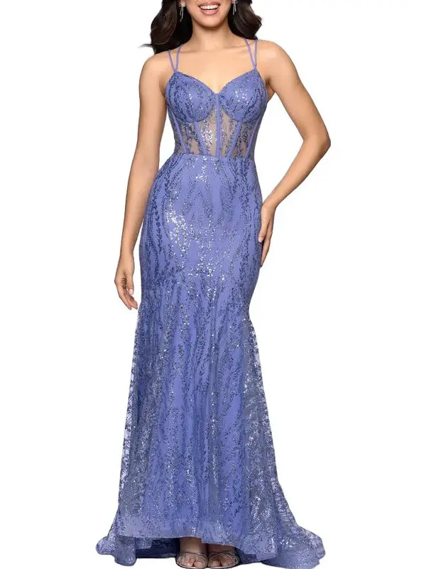 BLONDIE NITES Sequin Illusion Bodice Mermaid Gown - Periwinkle