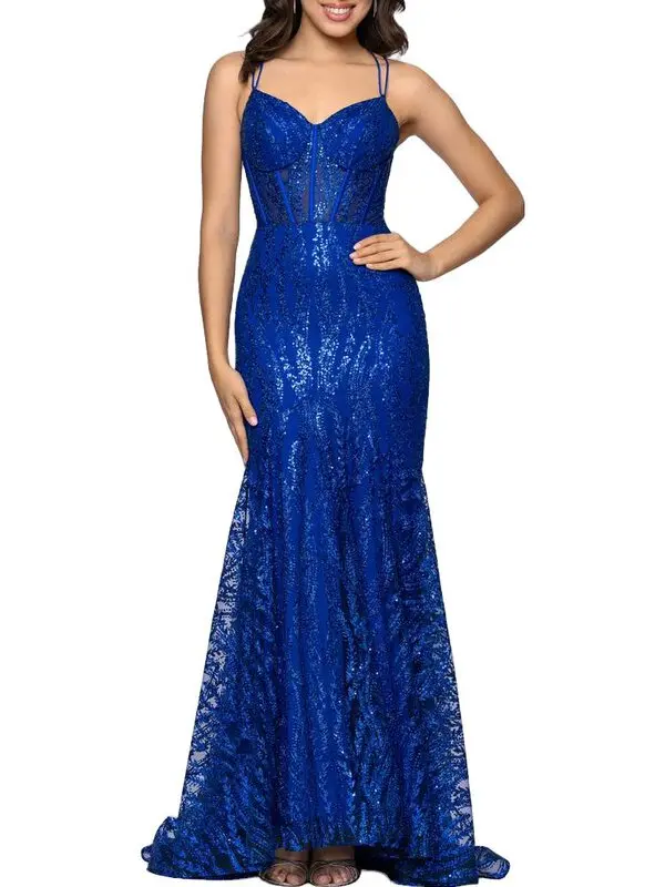 BLONDIE NITES Sequin Illusion Bodice Mermaid Gown - Royal