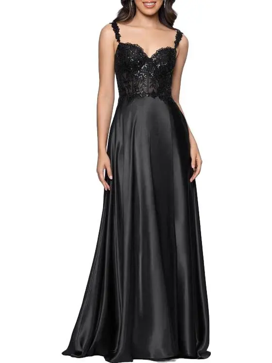 BLONDIE NITES Sequin Bodice Satin Gown - Black